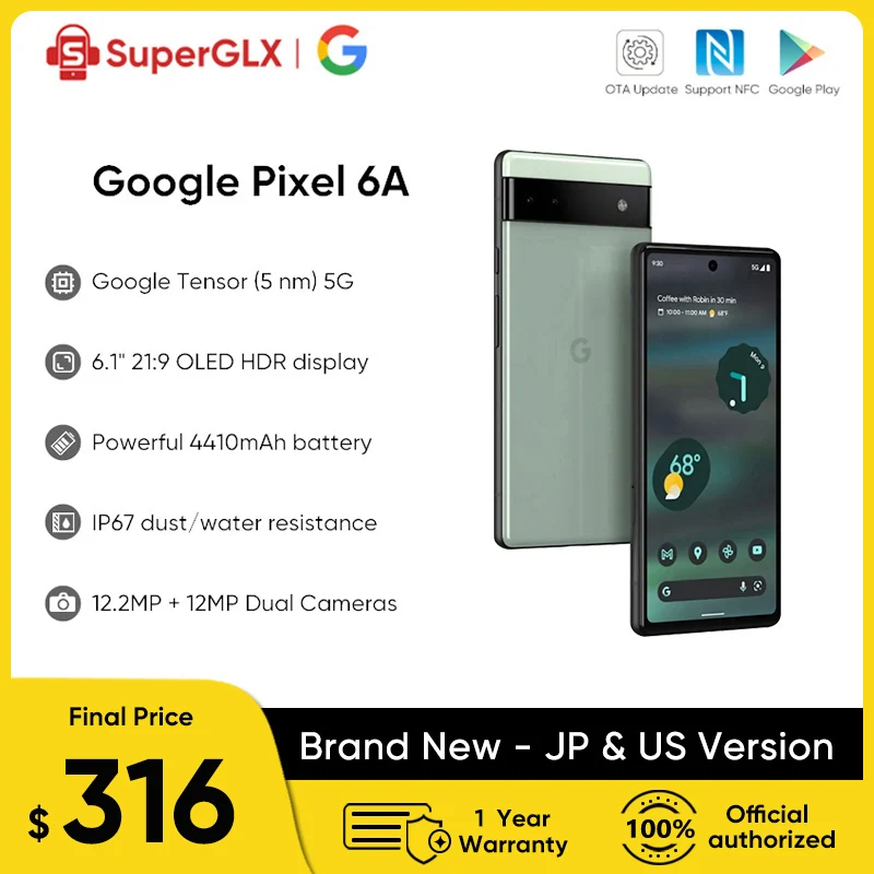 Original google pixel 6a 5g smartphone 6gb ram 128gb rom 6.1 "nfc octa núcleo android 12 ip67 ...