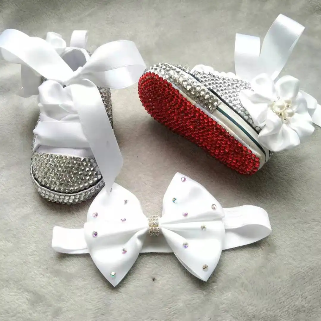 Dollbling Bling Rhinestones Baby Canvas White Ribbon Hair Bows Headband ...