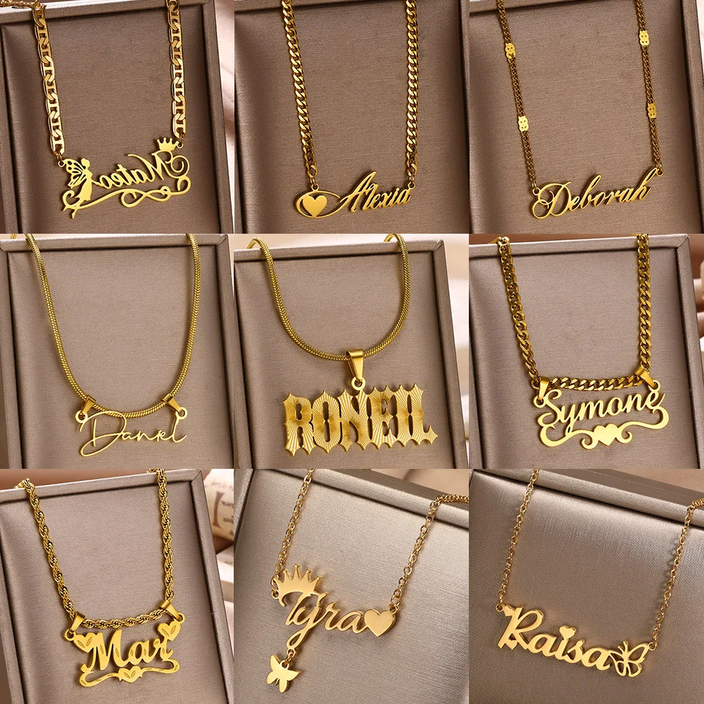 Custom-Name-Necklace-For-Women-Gold-Color-4mm-Cuban-Chain-Nameplate ...