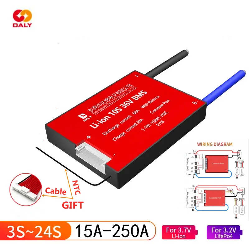 DALY BMS For 12V 24V 36V 48V Lithium LiFePO4 Battery 15A~250A NTC 4S 7S 8S 10S 13S 16S E-bike ...
