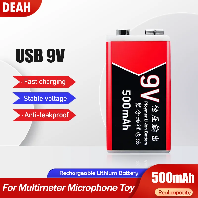 1PCS 9V 500mAh Rechargeable Lithium Micro USB Battery For Multimeter ...