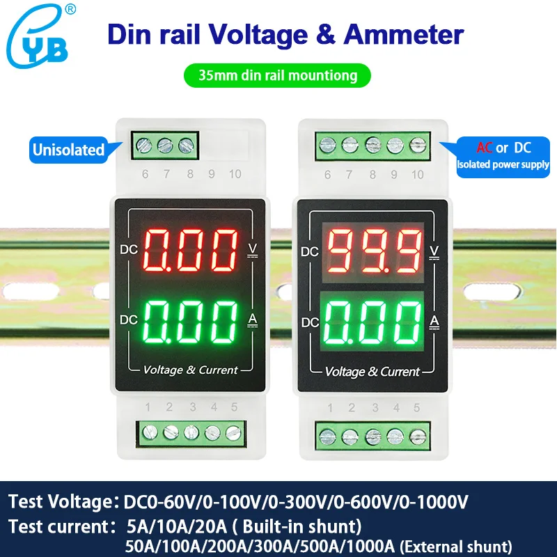 YB103VA-DC-Voltmeter-Ammeter-Din-rail-Digital-Voltage-Current-Meter-LED ...