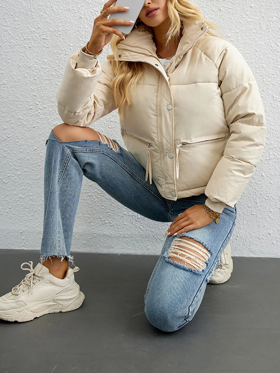 Women-s-Winter-Warm-Short-Jacket-Stand-Collar-Solid-Color-Zip-Puffer ...