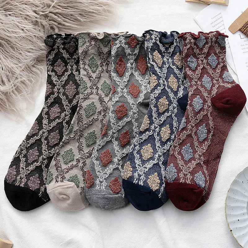 Retro Ethnic Style Striped Plaid Women Socks Personality Rhombus ...