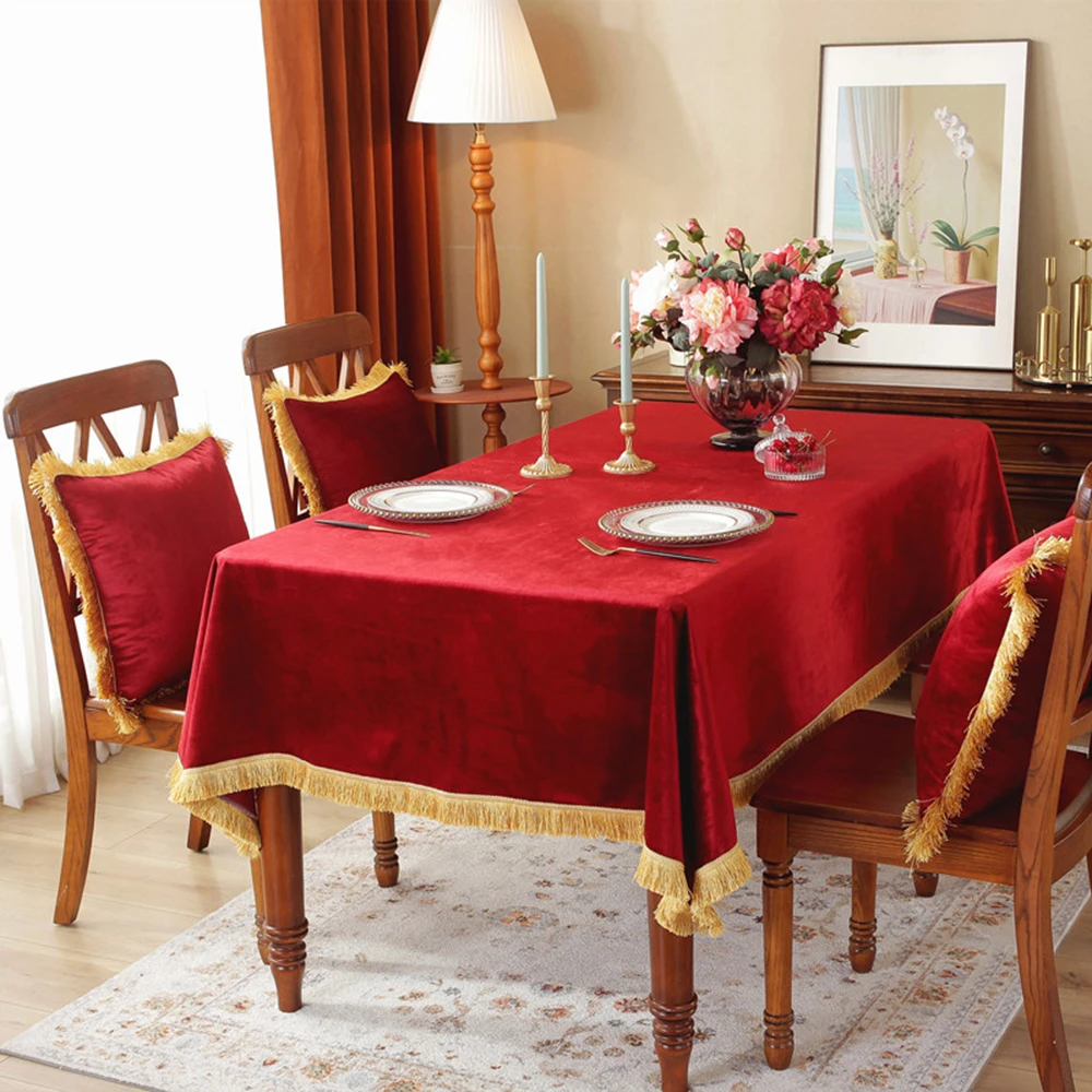 Luxury-Tassel-Red-Velvet-Tablecloth-Square-Round-Dining-Table-Cover-for ...