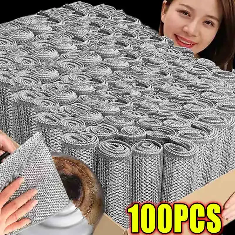 100-1pcs-Thickened-Steel-Wire-Cleaning-Cloth-Non-Scratch-Double-layer ...