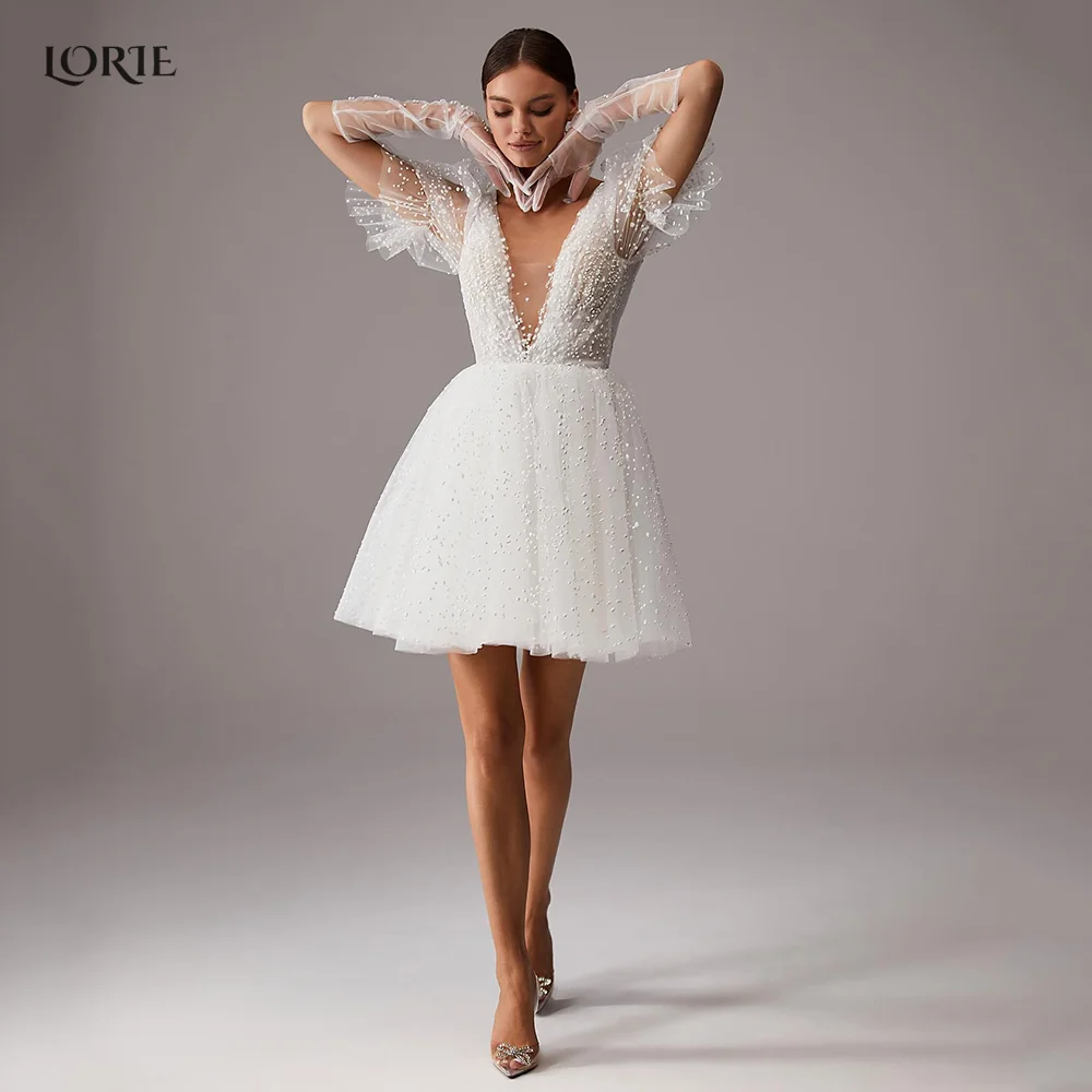 LORIE-White-Dot-Mini-Tulle-Prom-Dresses-Low-Cut-V-Neck-A-Line-Backless ...