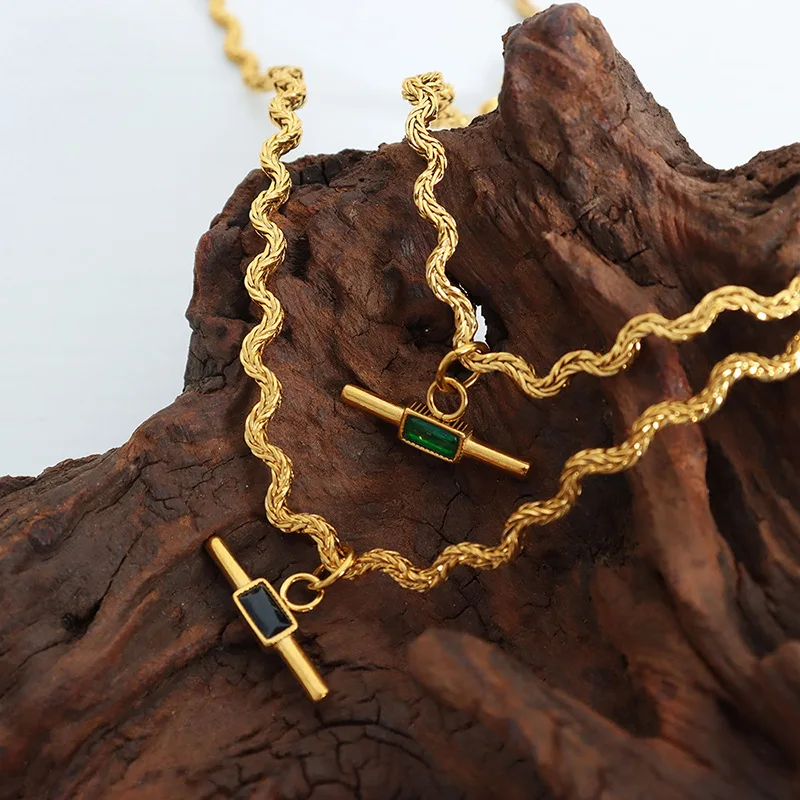 Unique Wavy Line Shape Necklace For Women 18k Gold Plated With Green ...