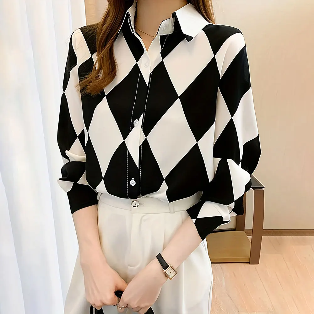 Women'S Shirt Fashion Diamond Check Print Lapel Button-Down Shirt Women ...