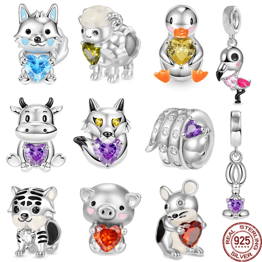 NEW-925-Sterling-Silver-Arctic-Wolf-Tiger-Pig-Snake-Embraces-Heart-Gem ...