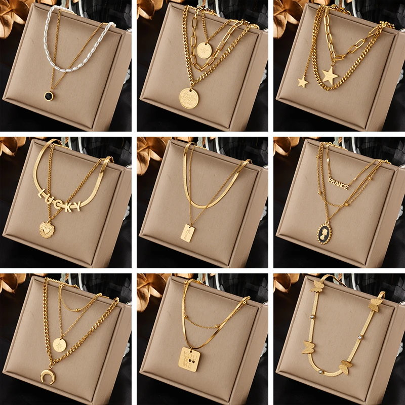 Dieyuro ouro cor multi camada carta colares para mulher jóias de aço ...