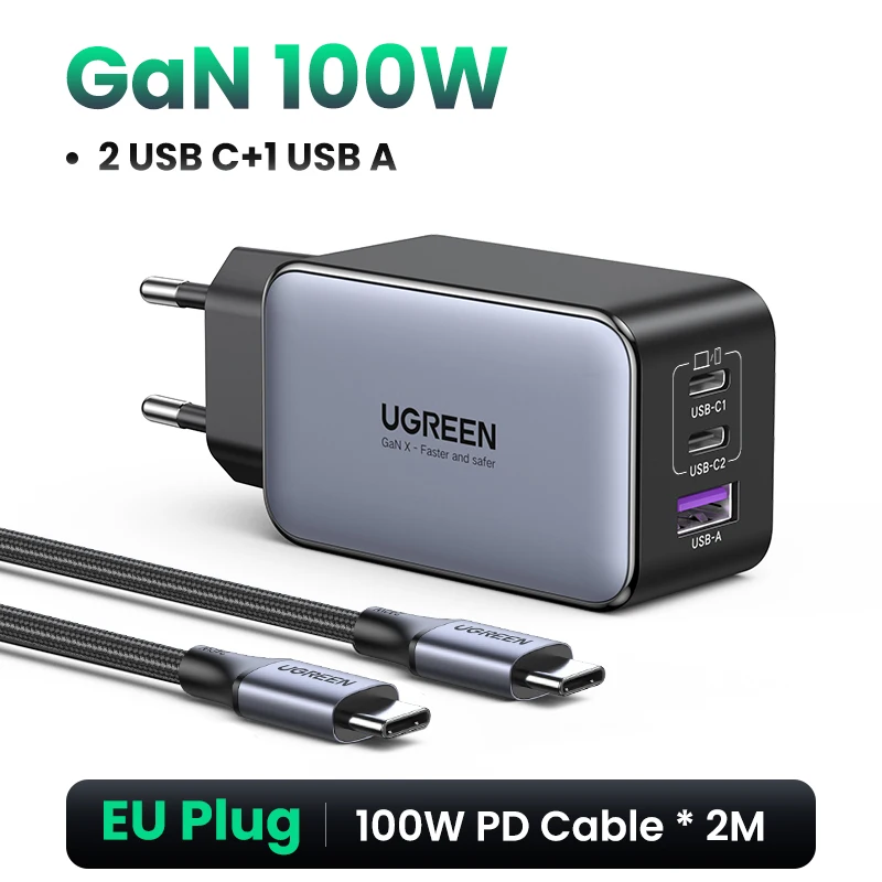 Cargador UGREEN GaN de 100 W, cargador USB C QC4.0 3.0 de carga rápida ...