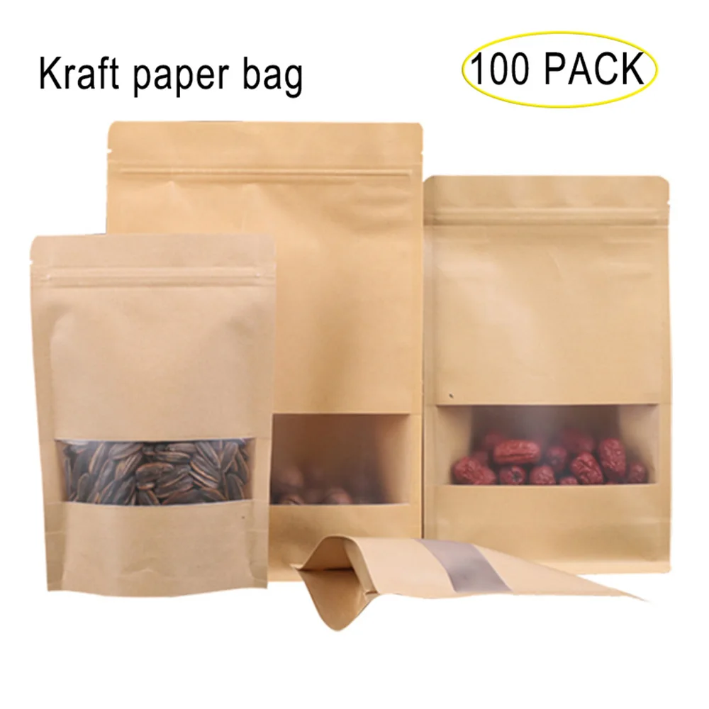 100 Pcs/Lot Stand Up Kraft Paper Pouches with Windows Snack Food ...