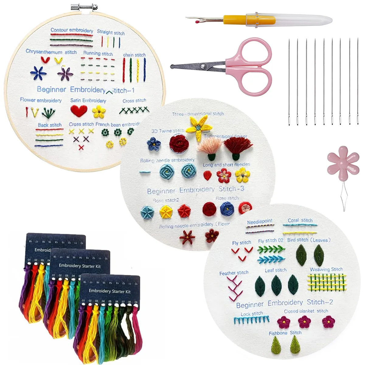 DIY-Embroidery-Kit-Sewing-Hoop-Cloth-Needles-Colorful-Threads-Scissors ...