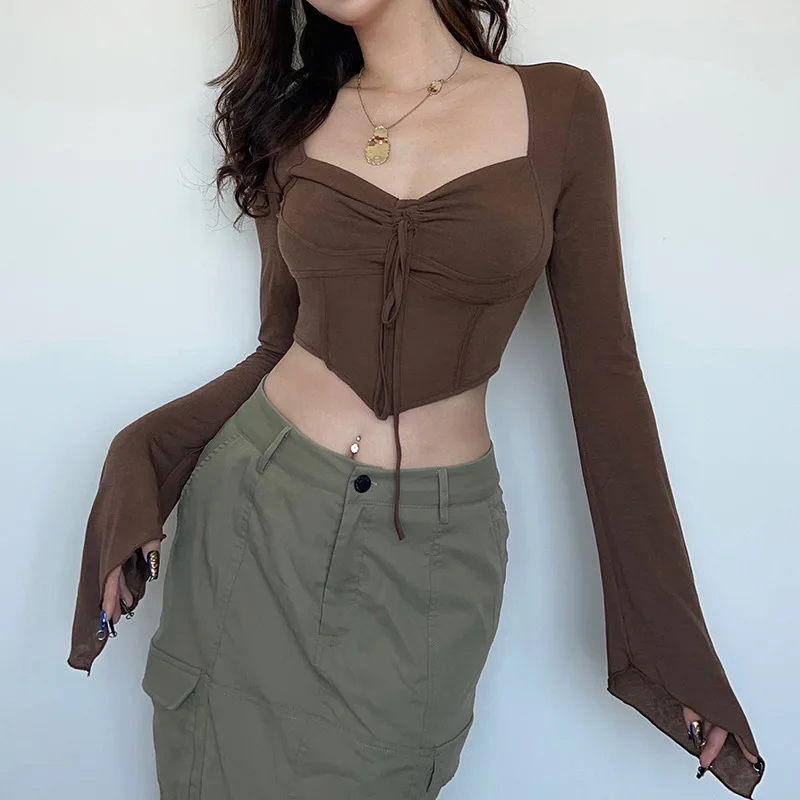 Fishbone Skinny Crop Top Women Spring Summer Vintage Flare Sleeve ...