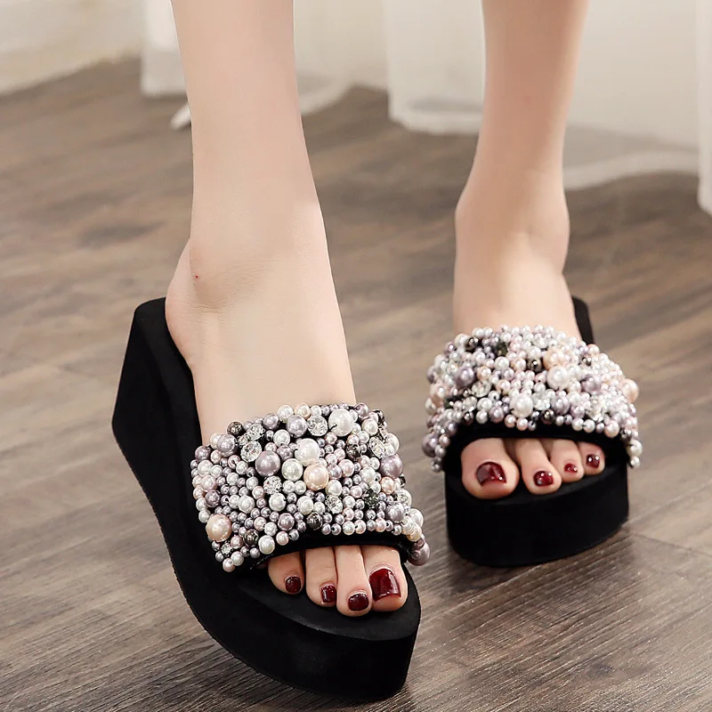 On-A-Wedge-Flat-Shoes-Female-Slippers-Soft-Platform-String-Bead-Luxury ...