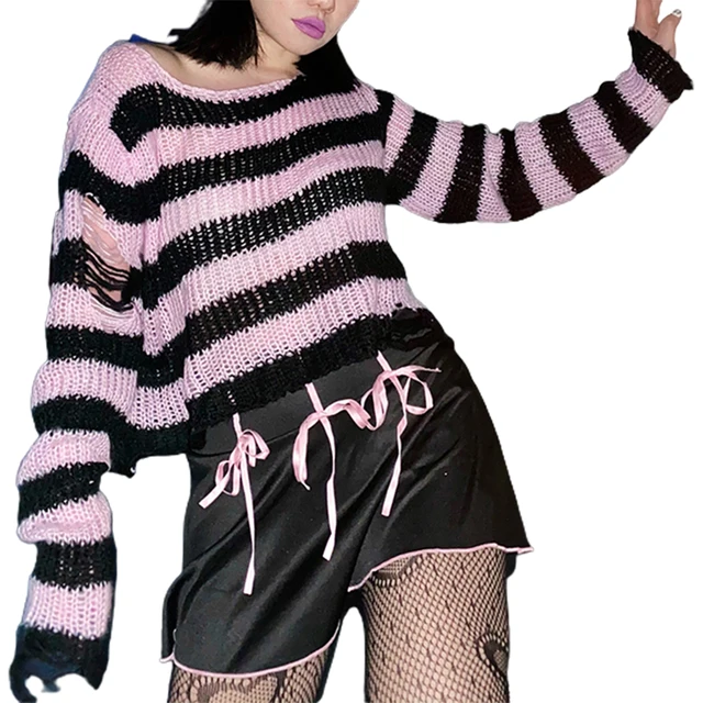 Goth Punk Gothic Sweater Oversized Pullovers Women Striped Cool Hollow ...