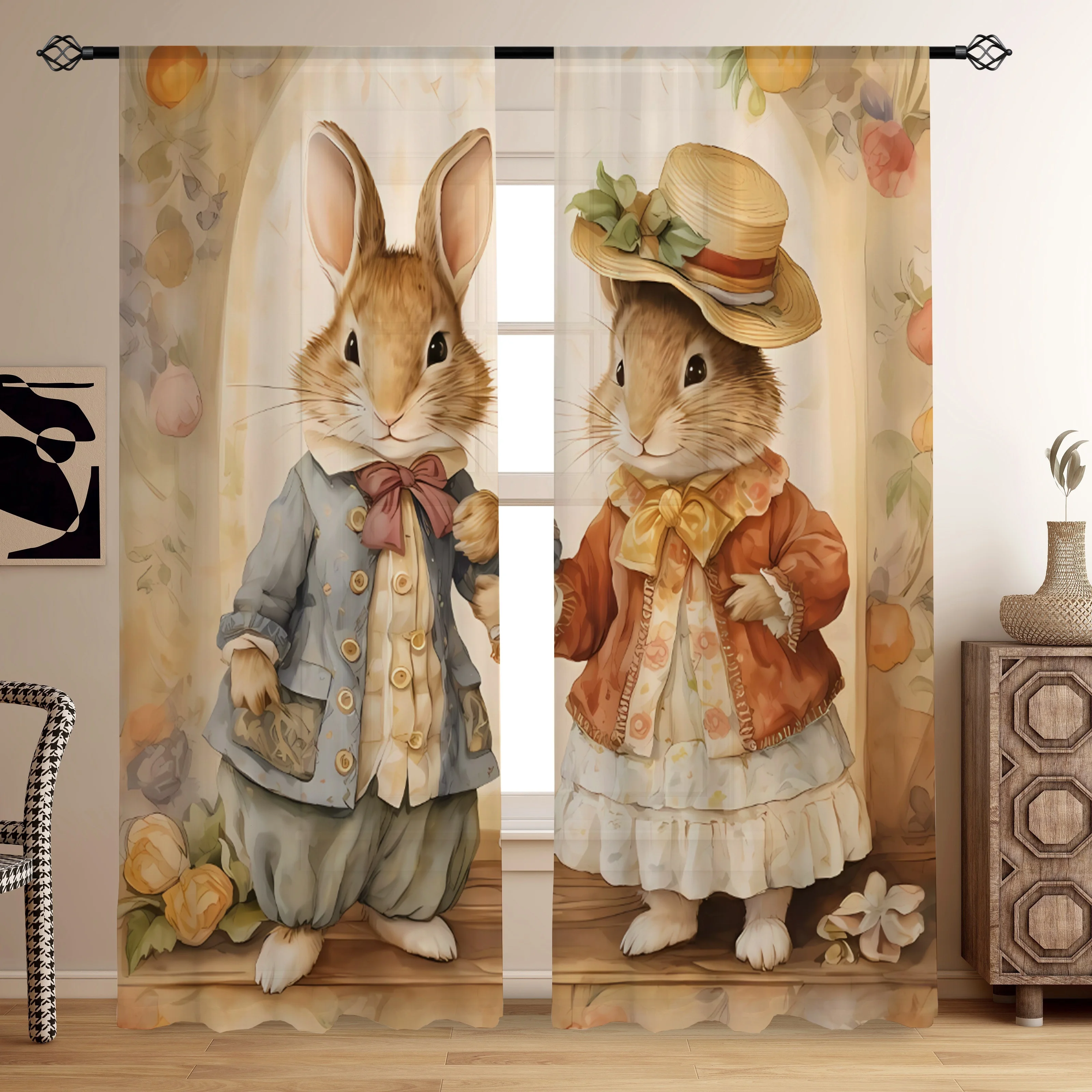 2pcs-set-Easter-Rural-Rabbit-Couple-Printed-Semi-transparent-Curtains ...