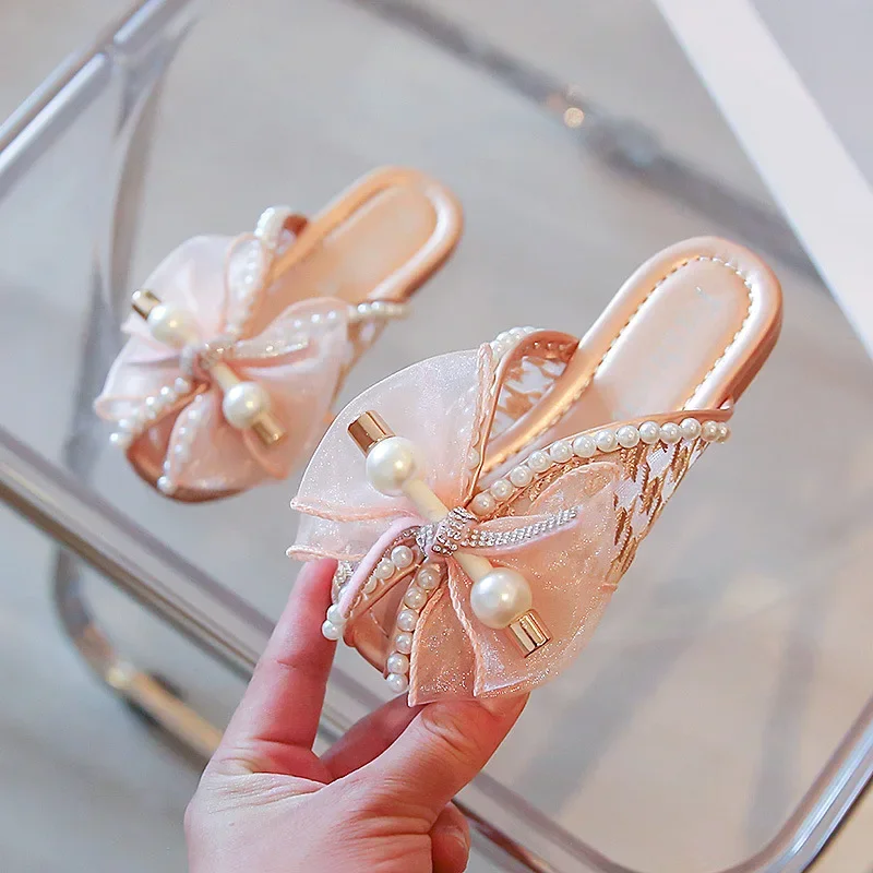 Pink-Mesh-Bow-Pearl-Open-Toe-All-match-Slippers-for-Skirt-2022-Children ...