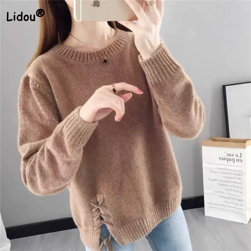Autumn-Winter-Fashion-All-match-Solid-Color-Lace-Up-Sweaters-Women-s ...