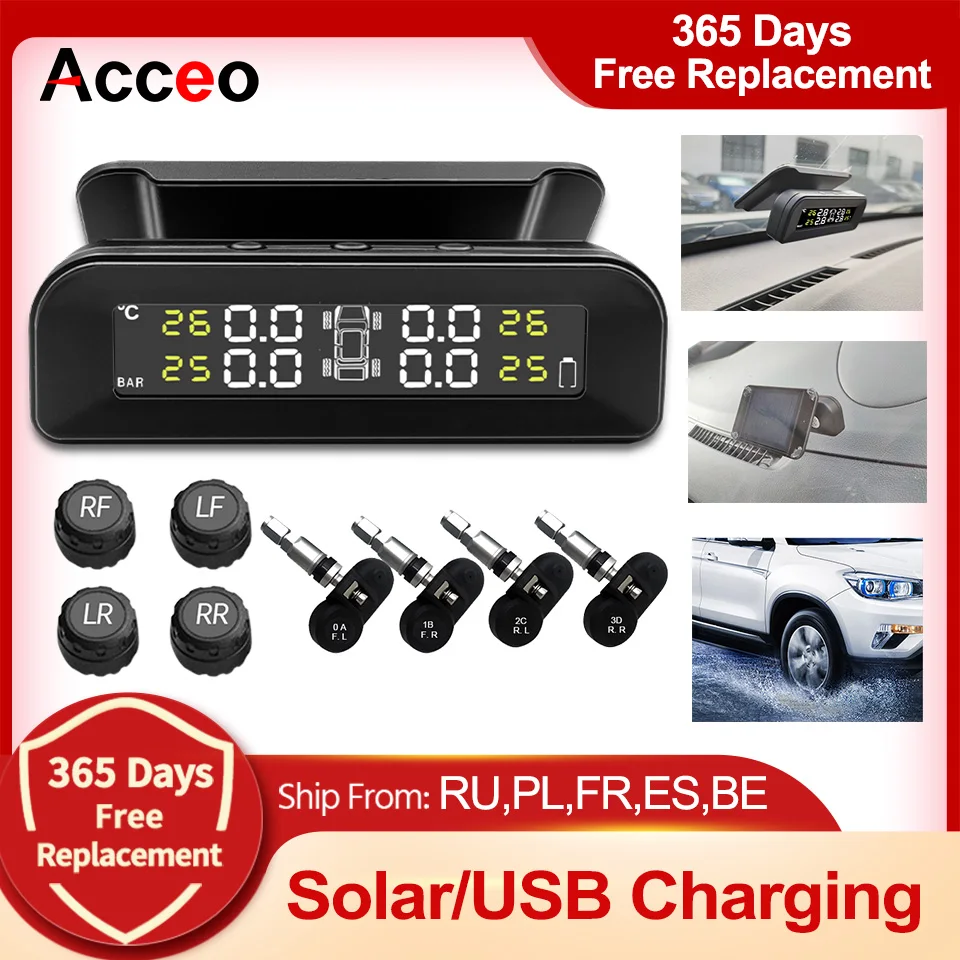 Acceo Smart TPMS Auto Reifendruck Alarm Monitor System 4 Sensoren Display Solar Intelligente ...