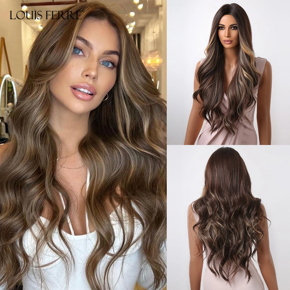 LOUIS FERRE Long Brown Wavy Synthetic Wig Natural Looking Dark Brown ...