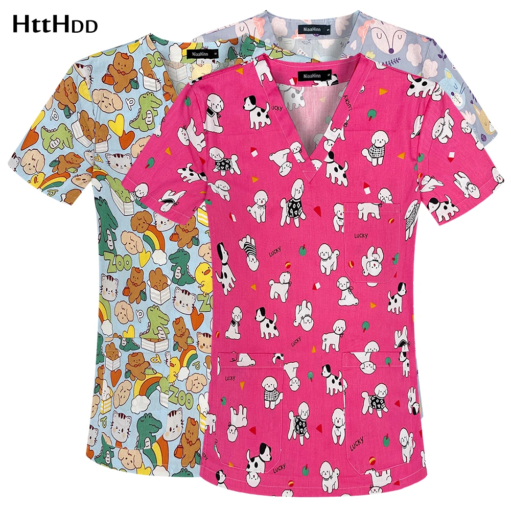 Mens-Scrubs-Medical-Uniforms-Cartoon-Printing-Scrub-Top-Loose-Cotton ...