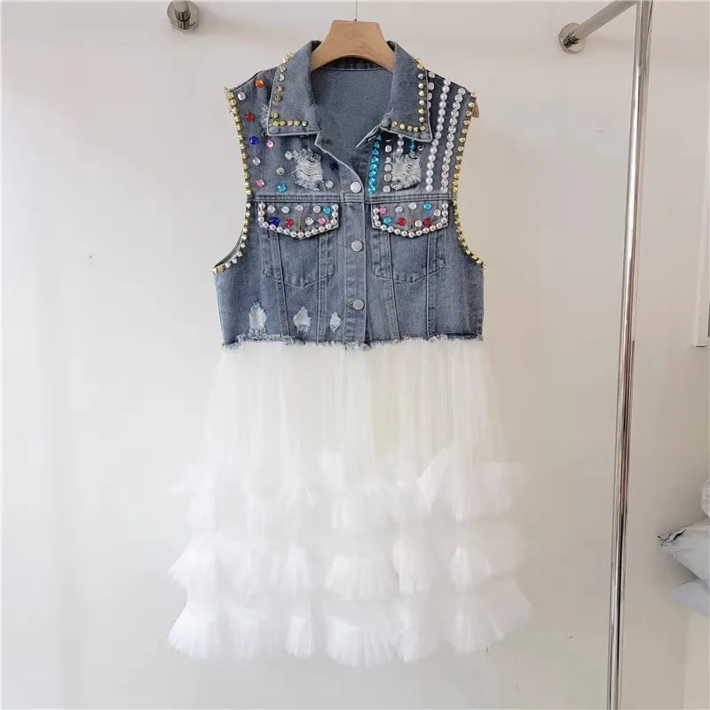 Heavy Work Mesh Splicing Sleeveless Hole Denim Vest Rivet Diamond ...