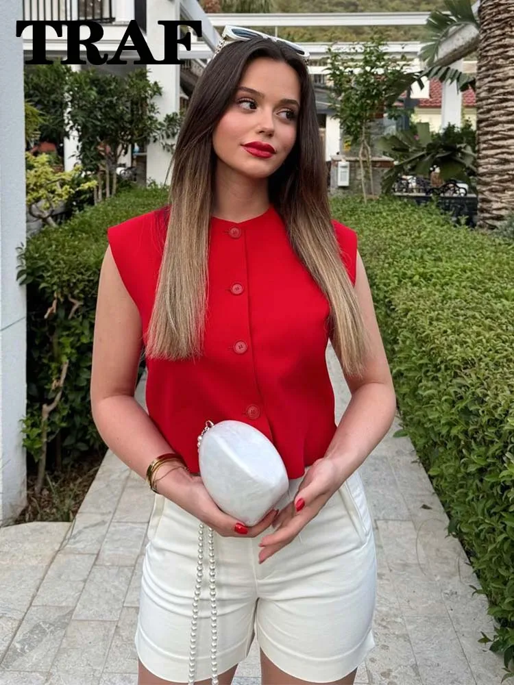 TRAF-Women-s-Cropped-Vests-Summer-Sleeveless-Red-Vest-For-Women-Office ...