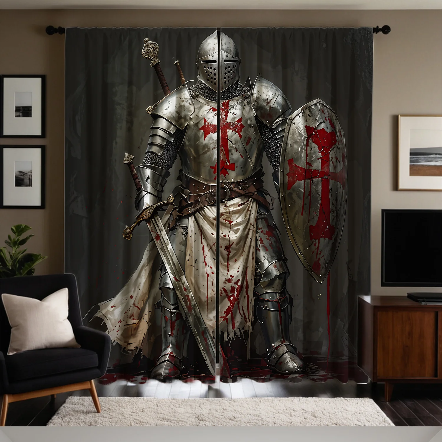 2pcs Medieval Knight & Armor Print Curtains - Rod Pocket, Semi ...