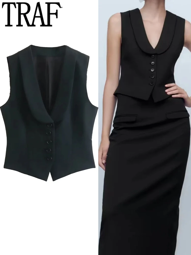 TRAF Chaleco negro para mujer, chaqueta sin mangas recortada, conjuntos de chalecos de moda ...