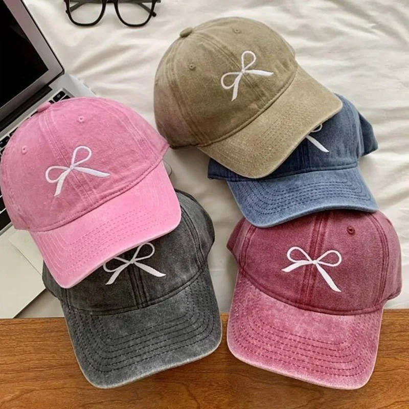 Bow-Embroidery-Washed-Cotton-Baseball-Cap-For-Women-Girl-Sweet-Korean ...