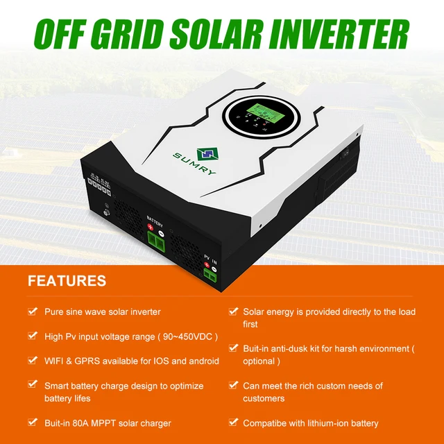 SUMRY 3KW hybrid solar inverter 24V 220V Pure Sine Wave 80A MPPT Solar ...
