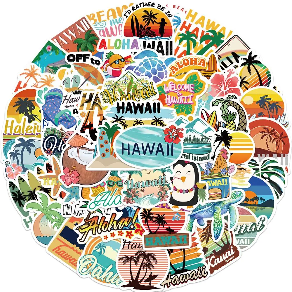50PCS-Summer-Hawaiian-Graffiti-Decorative-Sticker-Coconut-Beach-Sunset ...