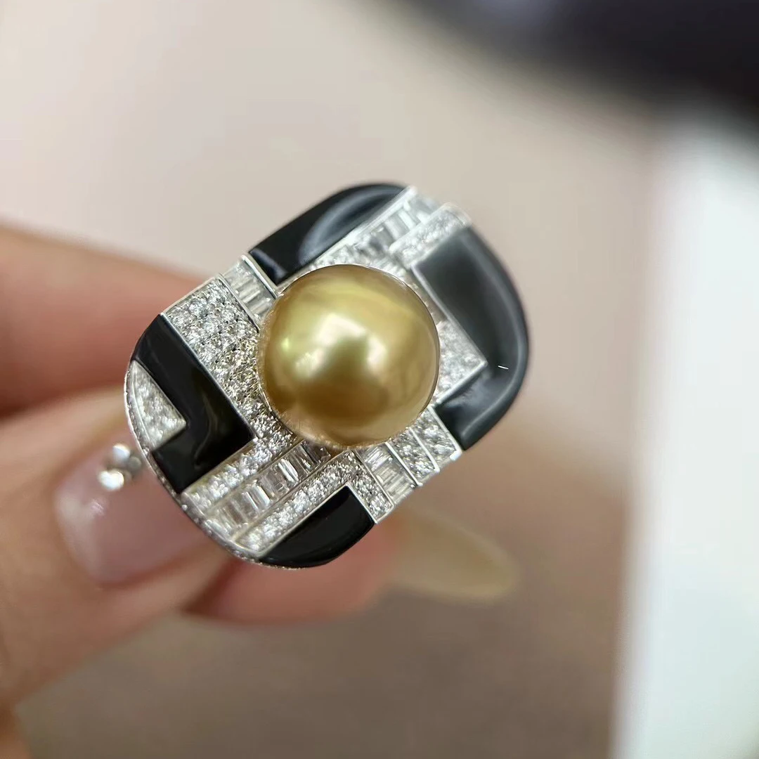 MeiBaPJ-9-10mm-Natural-Round-Golden-Pearl-Fashion-Ring-DIY-925-Silver-Holder-Setting-Fine ...