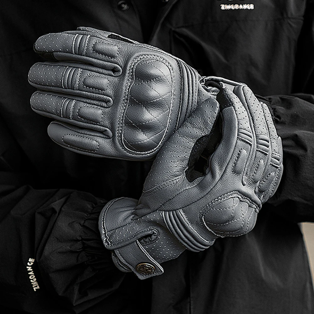 Classic Retro Leather Motorcycle Gloves Men Women Breathable Motocross ...