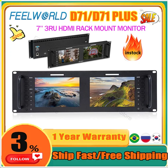 FEELWORLD D71 PLUS Dual 7 Inch 3RU SDI HDMI Rack Mount Monitor IPS Full ...