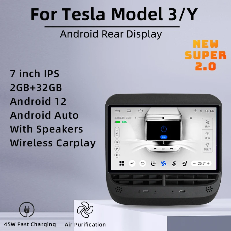 For-Tesla-Rear-Screen-Display-Model-3-Model-Y-Android-Air-Conditioner ...