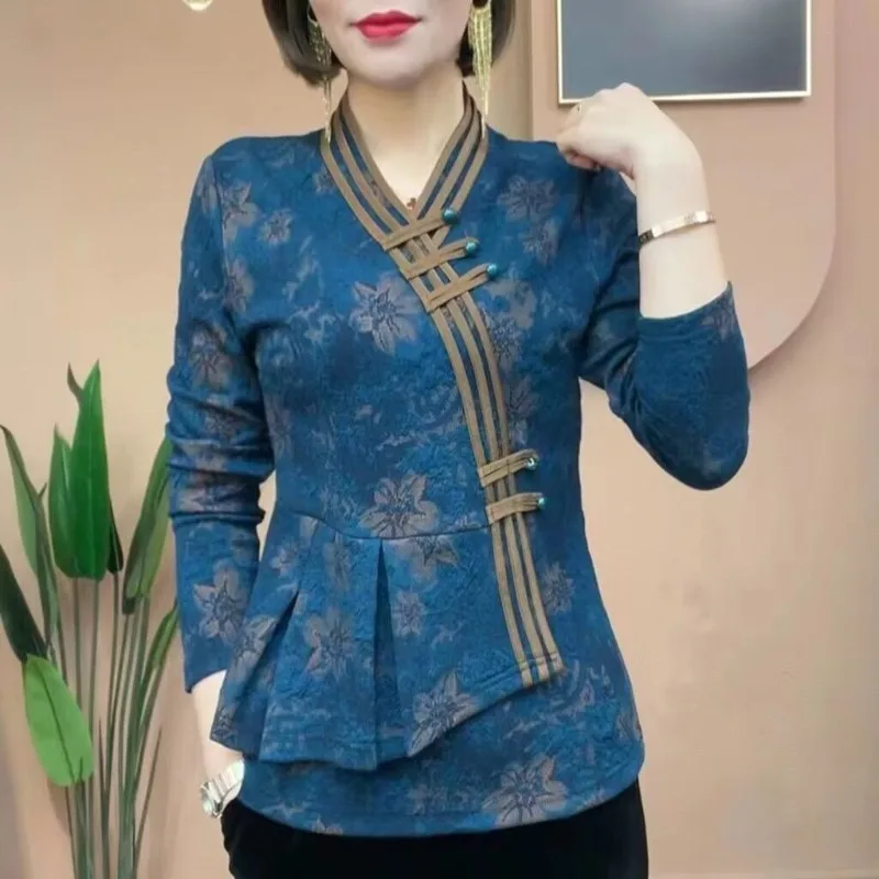 Spring-and-Autumn-Women-s-V-Neck-Asymmetric-Patchwork-Button-Printing ...