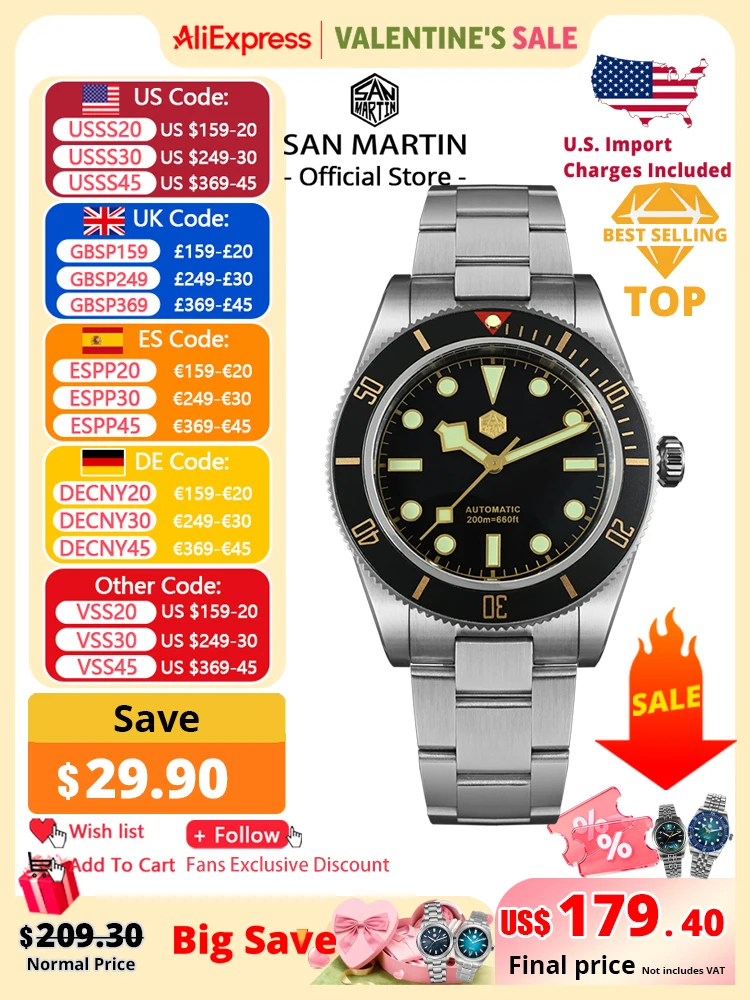 San Martin New 40mm BB58 Retro Luxury Diver Watch NH35 Automatic ...