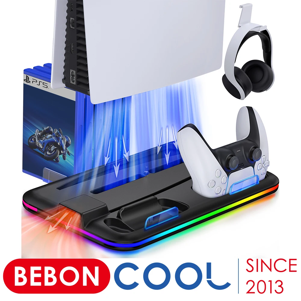 PS5 수직 냉각 스탠드 RGB 라이트 업그레이드 냉각 듀얼 컨트롤러 충전기 도킹 스테이션, PS5 무선 게임 패드 ...