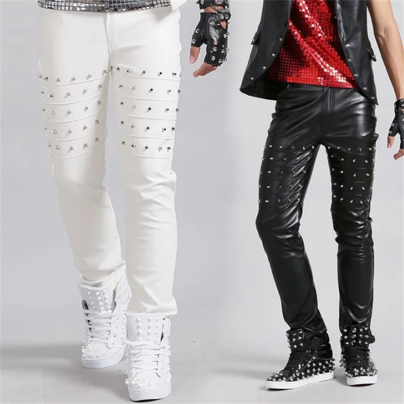 Stage Personality Men Pants Motorcycle Leather Pant Men Feet Trousers ...