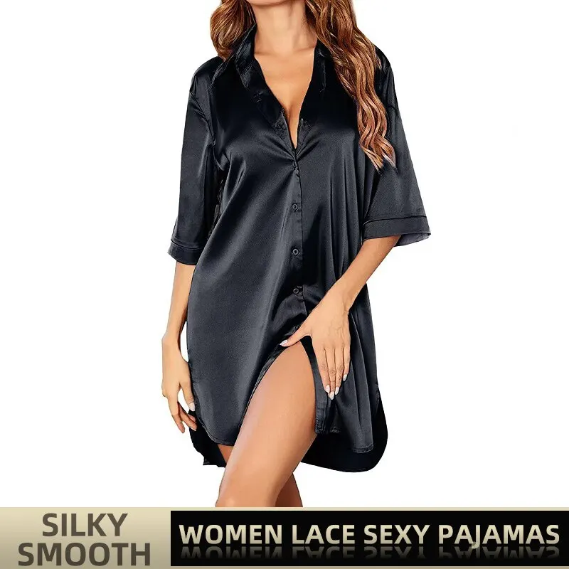 Women Ice Silk Pajamas Nightgowns Sleepwear Nightdress Short Sleeved Shirt Black M L XL V Neck ...