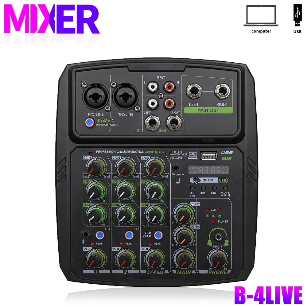 USB-Bluetooth-Reverb-Processador-de-udio-4-Channel-Sound-Mixer-Confer ...