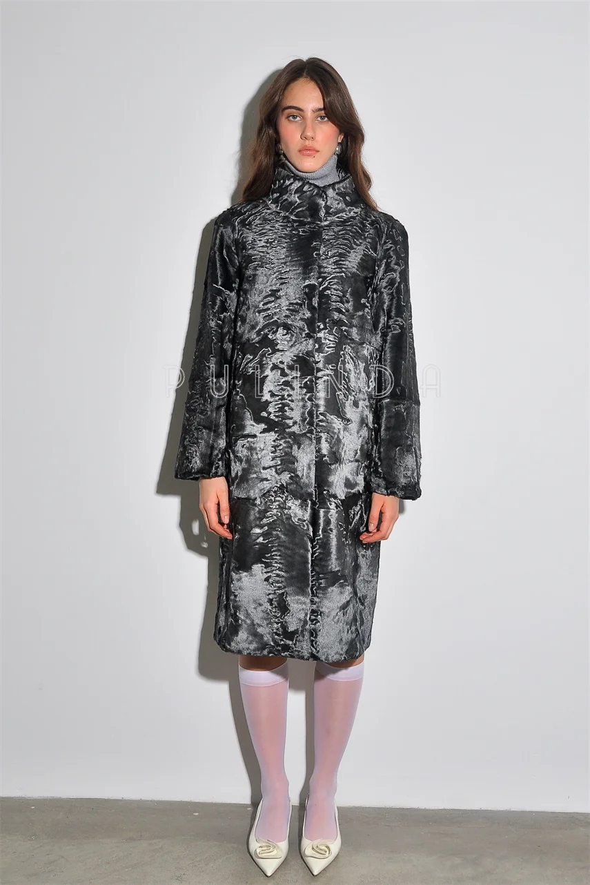 Black Silver Karakul Broadtail Fur Coat with Stand-up Collar Swakara ...