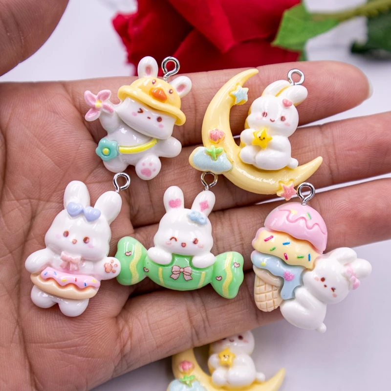 10PCS-New-Shiny-Kawaii-Little-White-Rabbit-Resin-Pendant-Fashion-Charm ...