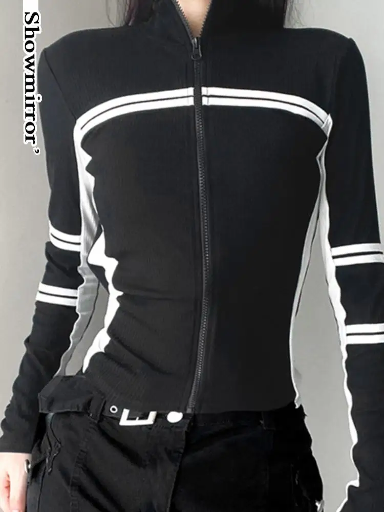 Black-Sporty-Casual-Zipper-Coat-Outwear-Rave-Biker-Striped-Long-Sleeve ...