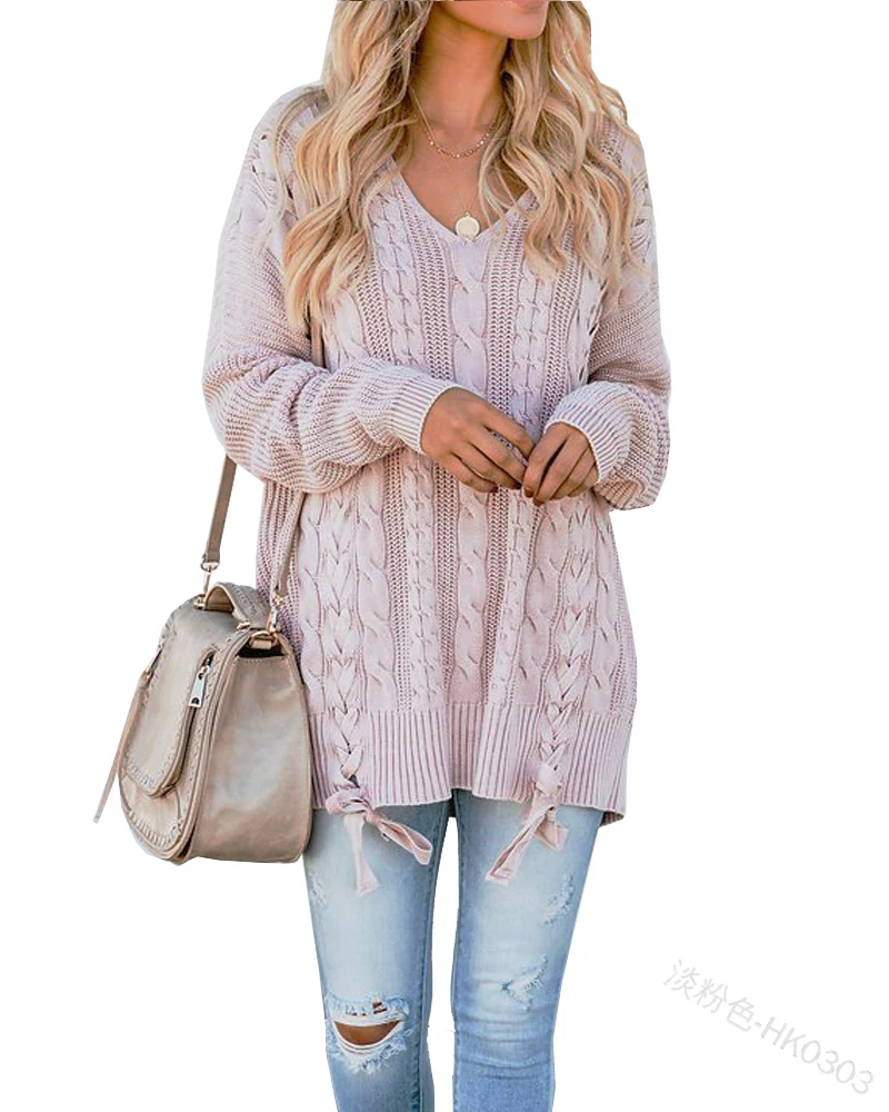 Plus-Size-Womens-Cable-Knitted-Pullover-Sweaters-V-Neck-Lace-Up-Long ...