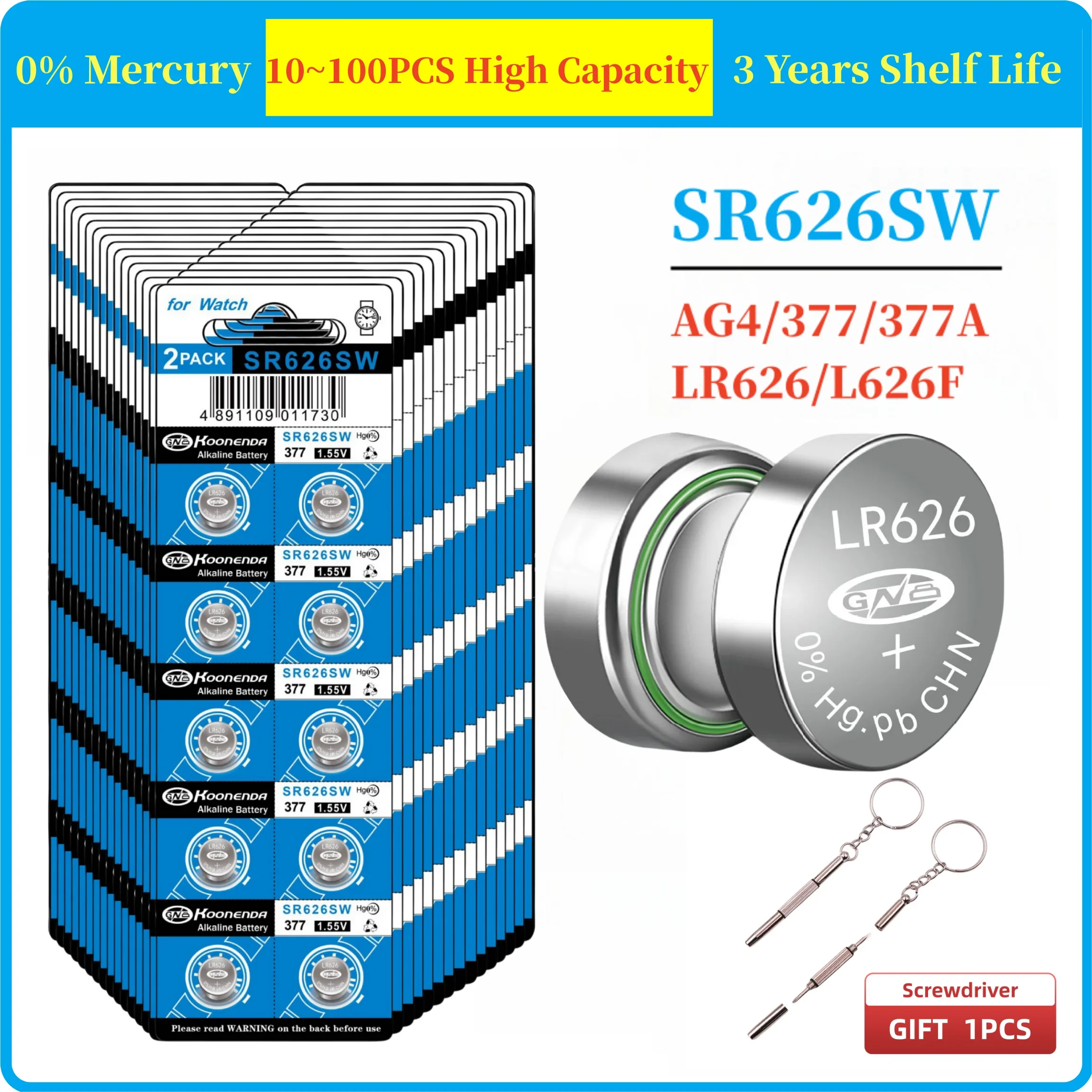 10-100pcs-High-Capacity-SR626SW-AG4-Equivalent-377S-377-LR626-1-55V ...