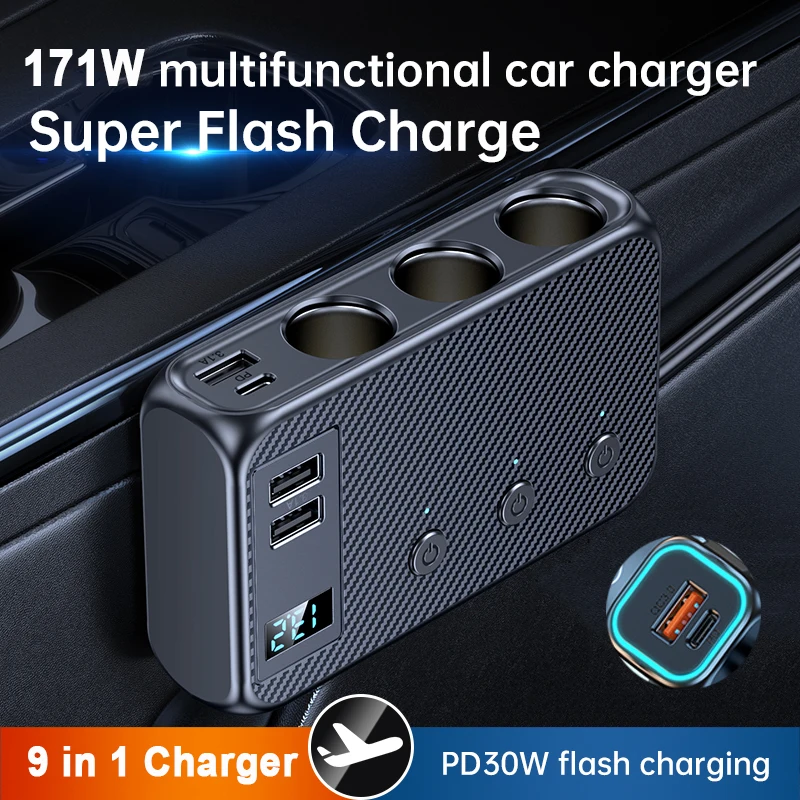 171W 9 in 1 Car Charger Adapter PD QC Fast Charger Adapter Socket Car ...